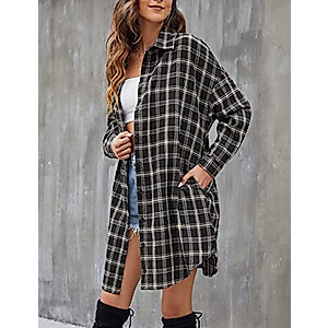 HangNiFang Long Flannel Shirts for Women Button Down Plaid Shirts Dresses Pocketed(0652-Black-XL)