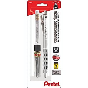 Pentel GraphGear 1000 Automatic Mechanical Drafting Pencil 0.5 mm - Includes Lead Refills & Eraser - Chiseled Metallic Grip with Soft Pads