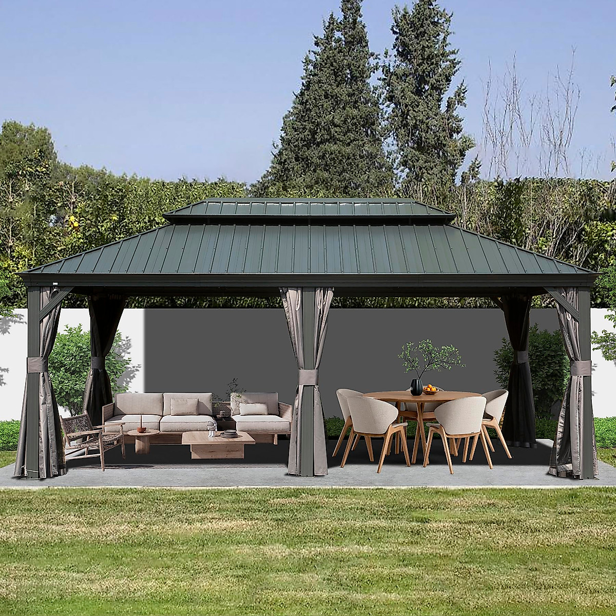 Domi 12' X 18' Hardtop Gazebo Outdoor Metal Gazebo with Galvanized Steel Double Roof Canopy, Aluminum Frame, Curtains and Netting for Patio, Deck, Garden, Grey