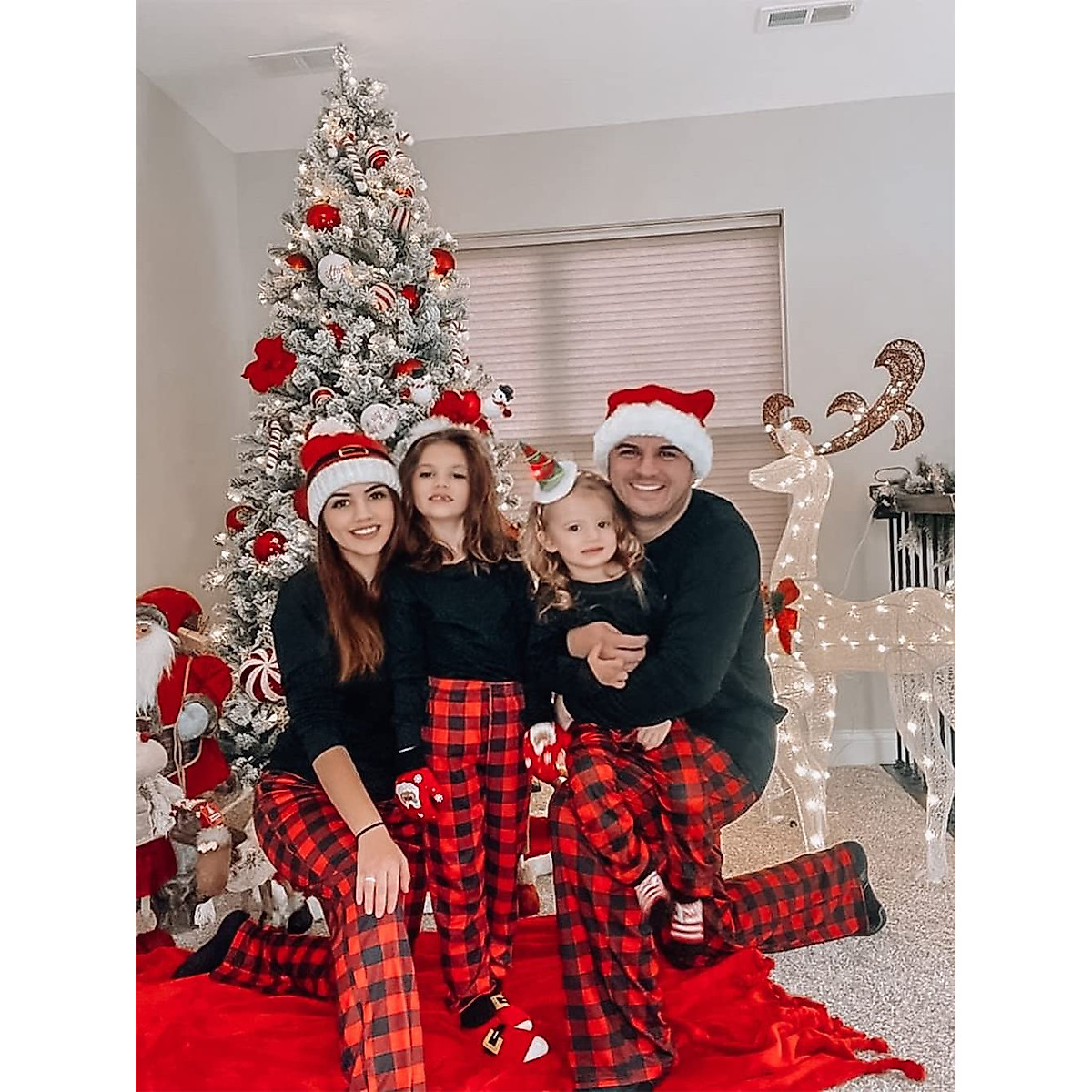 Ekouaer Christmas Pajamas Matching Family Pj Set Long Sleeve Tops and Plaid Pants for Sleepwear Soft Loungewear Pjs Black Plaid, L