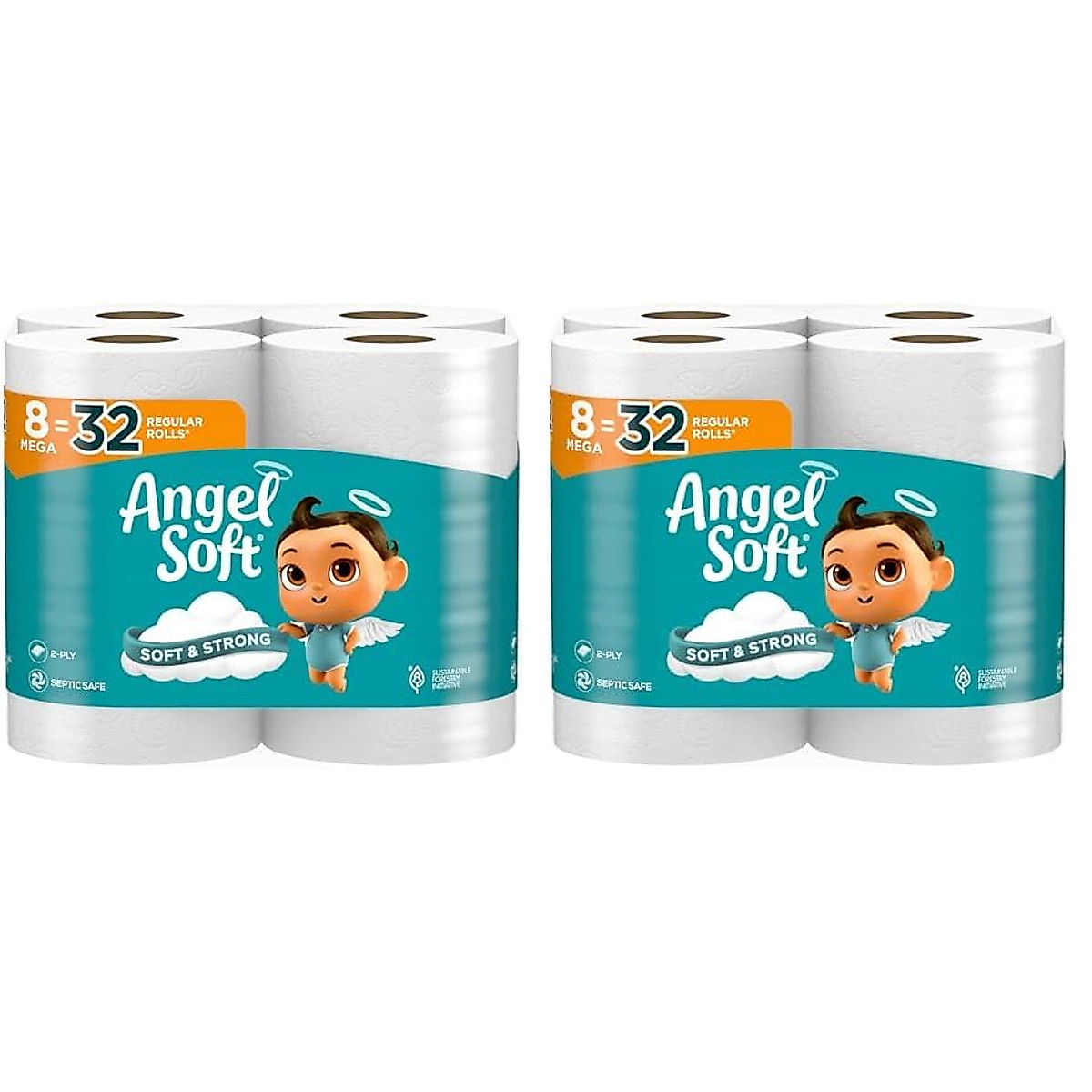 Angel Soft® Toilet Paper, 8 Mega Rolls : 32 Regular Rolls, 2-Ply Bath Tissue, 320 Sheets per Roll, 8 Count, White (Pack of 2)