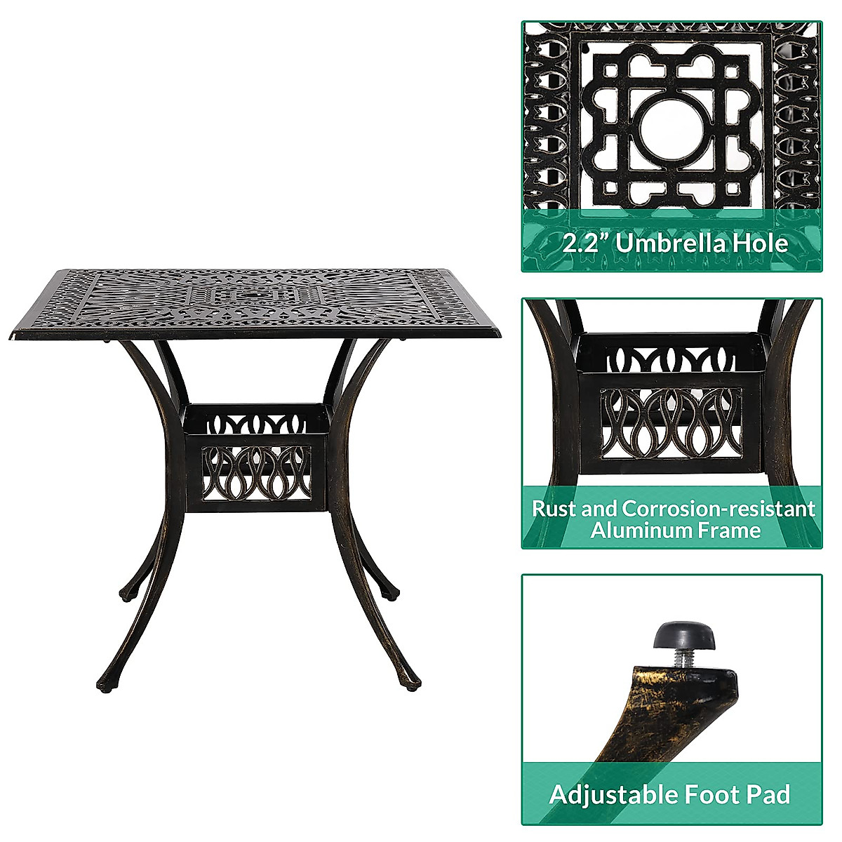 VIVIJASON 5-Piece Outdoor Cast Aluminum Patio Dining Set, All-Weather Conversation Furniture Set, Include 4 Chairs and a 35.4 inch Square Table w/Umbrella Hole for Balcony, Lawn, Garden, Backyard