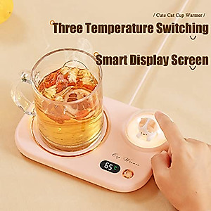 Smart Coffee Mug Warmer, Coffee Cup Heater with Cute Cat Night Light, Auto Shut Off, 3 Temperature Setting LED Display, Electric Beverage Warmer Plate for Coffee Tea Milk Cocoa and etc, White