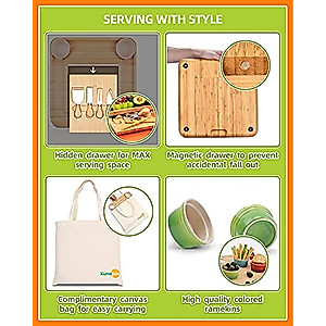 Kunaboo Bamboo Charcuterie Board Set-Green Ramekins-Climate Pledge Friendly Certified Cheese Board with Knife Set (FSC Certified eco-Friendly Bamboo)-Free Travel Canvas Bag-Cheese Boards Gift Set