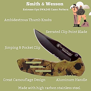 Smith & Wesson Extreme Ops SWA24S S.S. Folding , Tactical Knife with 3.1in Serrated Clip Point Blade, Aluminum Handle for Survival , Hunting Knife as Pocket Knife for Men Camouflage