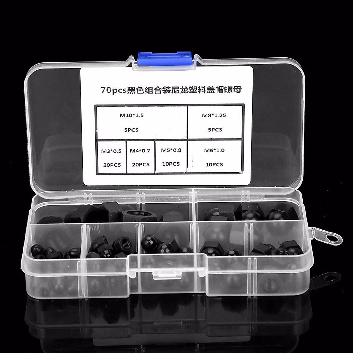 Dome Nut, 70Pcs Black White (Optional) Nylon Dome Head M3 M4 M5 M6 M8 M10 Hex Nuts Acorn Nut Kit, with Plastic Box(black)