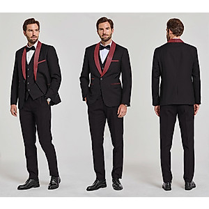 YND Men's 3 Piece Slim Fit Tuxedo Suit Set, One Button Shawl Collar Solid Business Blazer Jacket Vest Pants with Bow Tie, Maroon Collar Black