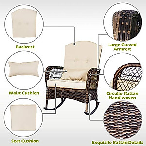ENSTVER 3 Pieces Patio Conversation Set w/ 2 Rattan Wicker Rocking Chairs and Glass Table,for Garden Backyard Lown Porch (Beige)