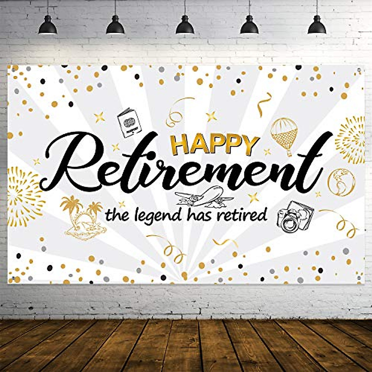 Happy Retirement Party Decorations,Extra Large Fabric Black Gold Sign Poster for Retirement Party Supplies,Happy Retirement Banner Retirement Party Photo Booth Backdrop Background Banner (White)