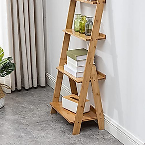 Maydear Bamboo Ladder Shelf, 5-Tier Trapezoid Bookshelf, Storage Rack Shelves, Wall Shelf Flower Stand, for Living Room, Kitchen, Office, Balcony - Wood Color