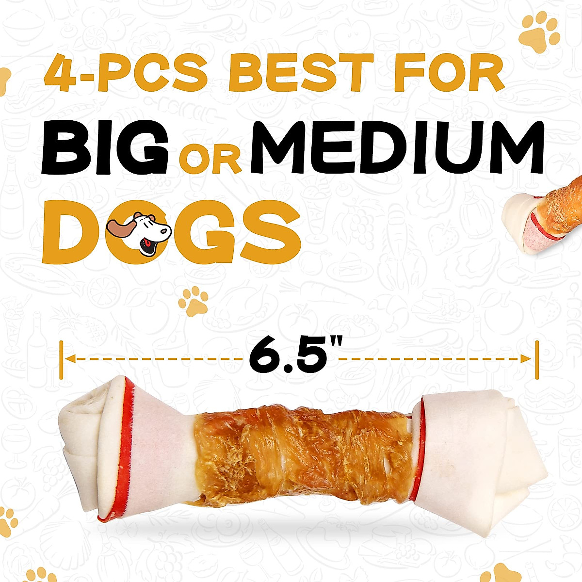 PAWUP Dog Treat Rawhide Bones with Chicken (6.5 ", 4 pcs), Dog Chews Beefhide Treats w/Taurine, 10.5 oz