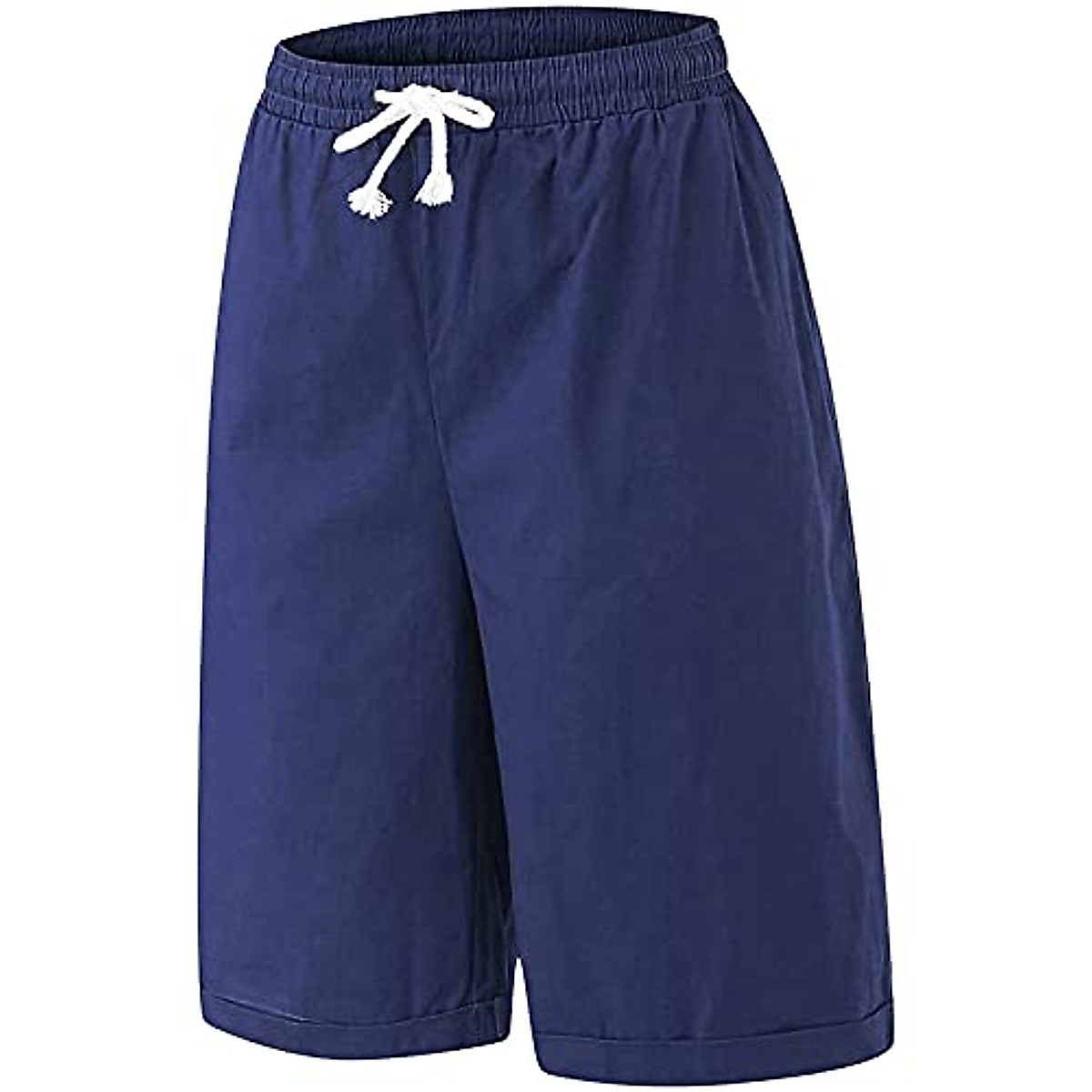 Knit Drawstring Bermuda Shorts for Women Soft Summer Knee Lenght Short Pants Loose Comfy Elastic Waist Jersey Shorts (Navy Blue,X-Large)