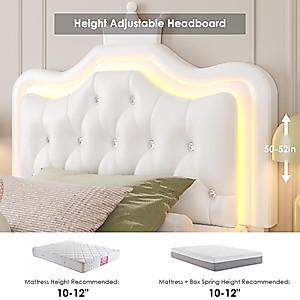 Keyluv Twin Upholstered LED Bed Frame with Storage Drawer, Leather Princess Platform Bed with Adjustable Crystal Button Tufted Crown Headboard, Solid Wooden Slats Support, No Box Spring Needed, White