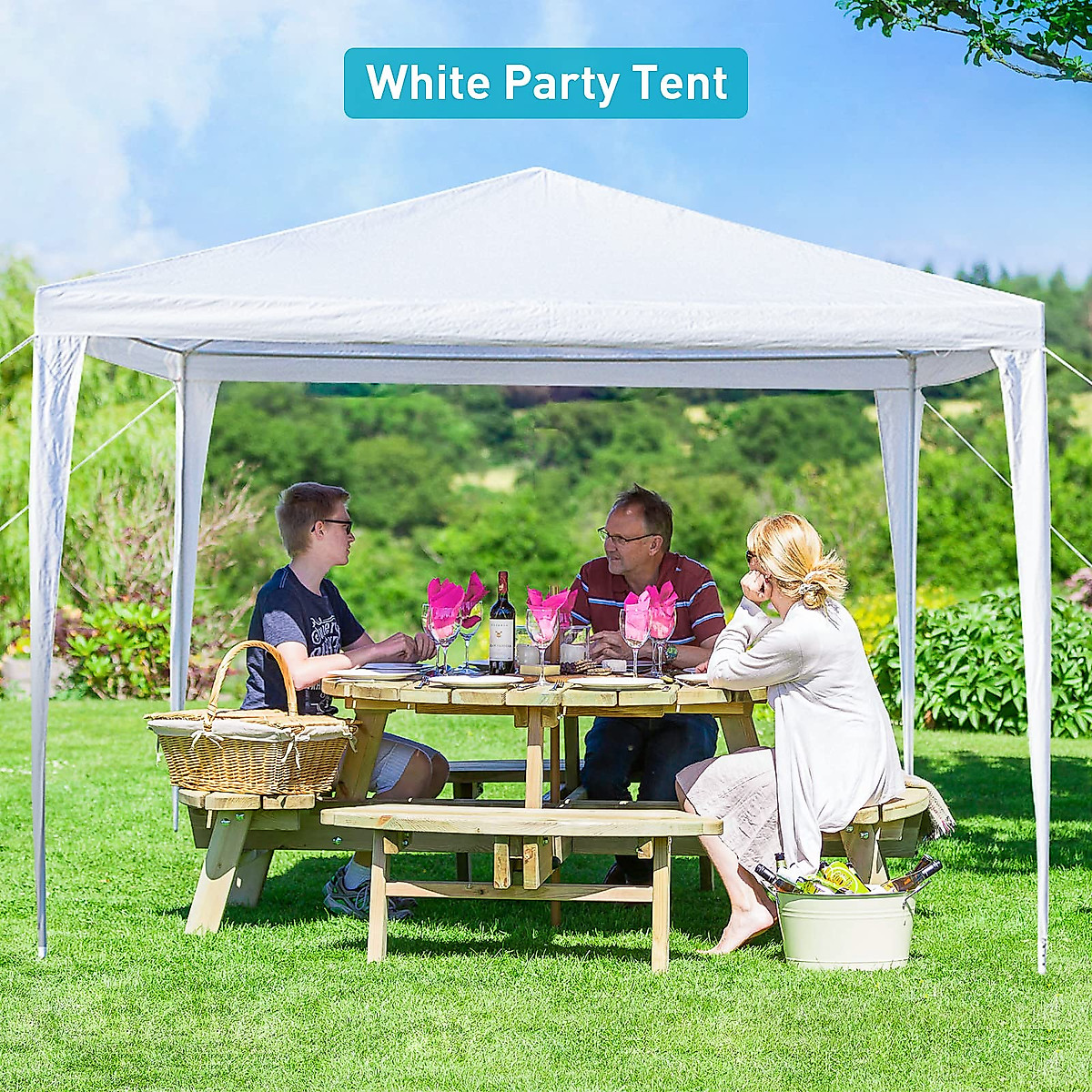 10'x10' Outdoor Party Tent, Backyard Canopy Tents for Parties, White Event Tent with Ground Nails and Ropes, Small Waterproof Tent for Wedding, Barbecue and Flea Market