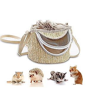 Small Pet Carrier Bag Hamster Carrier Bag with Long Detachable Shoulder Strap, Light Coffee Color Straw Mesh Breathable Portable Outgoing Bag for Hamster Hedgehog Sugar Glider Squirrel Gerbil