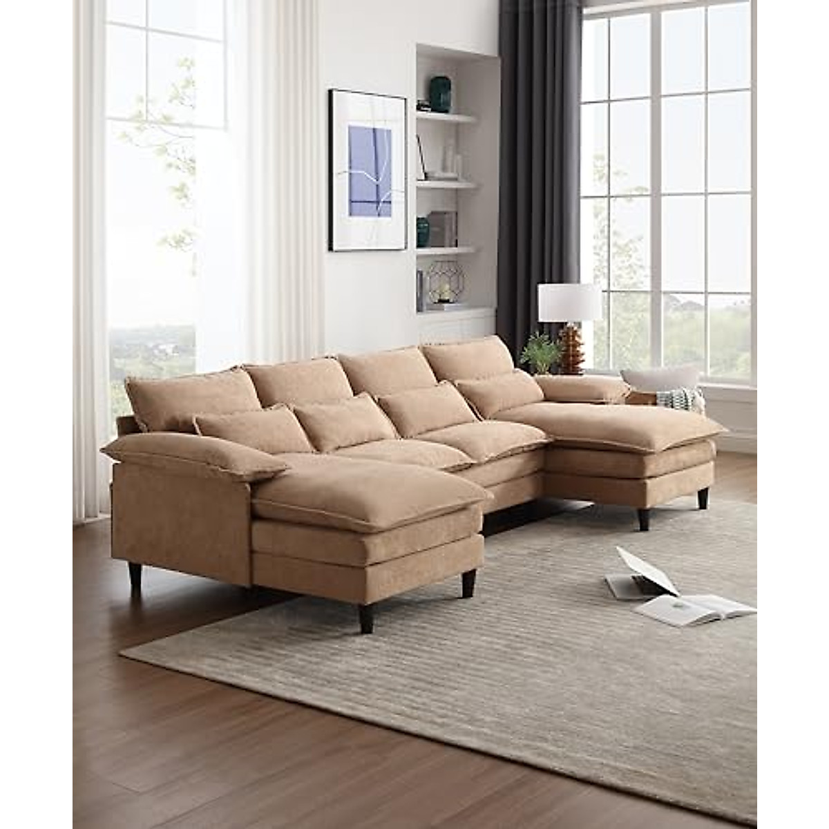 Eafurn Symmetrical Modular Sectional Sofa with Chaise Lounge, 6 Seater Fabric Upholstered Cloud Couch, U Shaped Oversized Sleeper Sofa&Couches with Thicked Cushion & Detackable Backrest Living Room