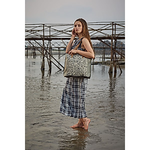 Myra Bag Leaf Print Cowhide & Upcycled Canvas Tote Bag S-1140