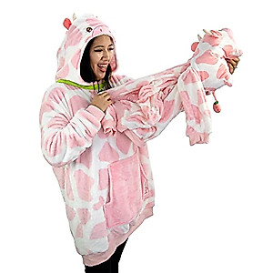 Plushible Wearable Blanket - Blanket Hoodie for Teens & Women - Oversized Hooded Animal Blankets - Cozy & Comfy Front Pocket & Long Sleeves - Strawberry Cow Hood - Valentines Day Gifts