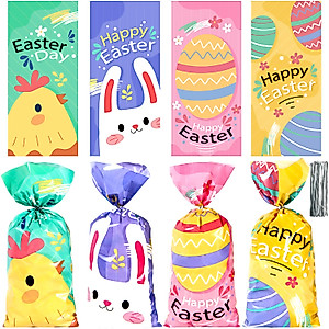 PINWATT 100Pcs Easter Cellophane Treat Bags with Ties, Easter Goodie Candy Gift bags for Kids Egg Hunt Game, Party favor Supplies, (4 Sweet Styles, 11"×5")