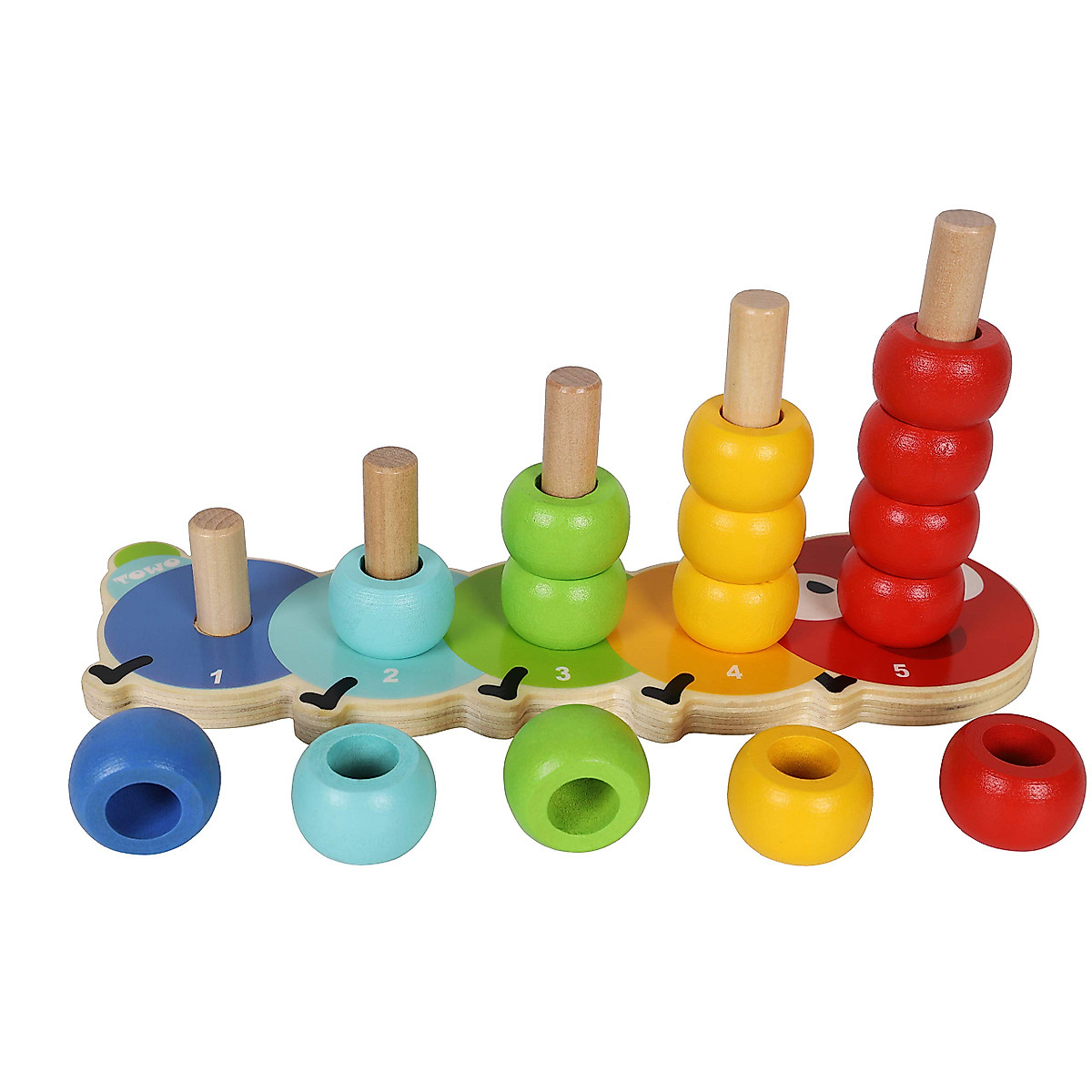 TOWO Wooden Stacking Rings Baby –Lovely Caterpillar Counting Game - Colour Sorting Puzzle - 5 Pegs Ring Stacker - Counting Rings Early Learning Wooden Toys for 1 Year Old Gift First Birthday Boy Girl
