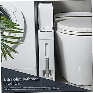 Bathroom Trash Can Set 16.5x8x4.3in 1.2-Gallon Slim Bathroom Bin with Toilet Brush Holder Press-Opening White Rectangular Toilet Trash Can for Toilet Kitchen Space Saving