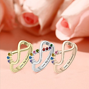 QWBV NELO Personalized 925 Sterling Silver Infinity Ring Birthstone Rings Custom Mother Family Rings Love Forever Ring with 1-9 Birthstone Engraved Name Ring Gifts for Mother Women Grandma Her