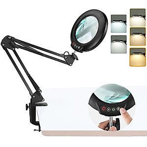 Drdefi 10X Magnifying Glass with Light and Clamp，Adjustable Swing Arm LED Lighted Desk Lamp, 5 Color Modes Stepless Dimmable Hands Free Magnifier Lamp for Craft Hobby Close Works Painting Reading