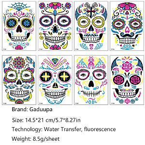 8 sheets Luminous Halloween Face Tattoos Glow in The Dark Day of the Dead Full Face Tattoos Waterproof Decorations Sugar Skull Stickers UV Glow Neon Mask Tattoo for Masquerade and Parties