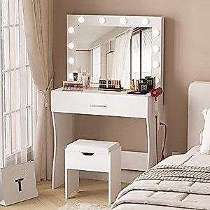 Makeup Vanity Desk with Mirror and 12 Lights 3 Color Modes, White Vanity Table for Bedroom with Charging Station, Vanity Set with Large Mirror and Storage Stool