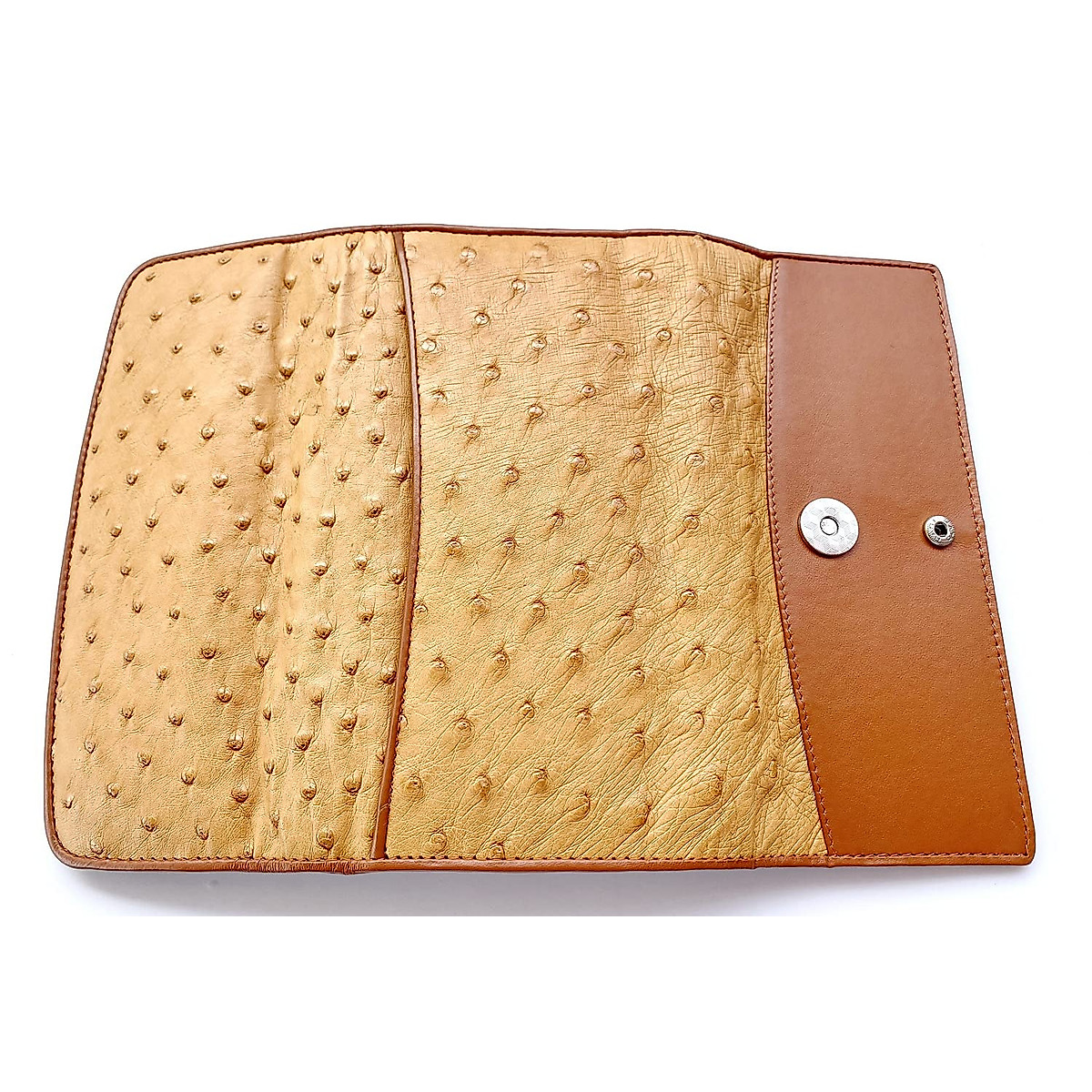 Julie Genuine Real Ostrich Skin Leather Trifold Clutch Long Golden Tan Wallet