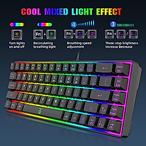 Snpurdiri 60% Gaming Keyboard, Rainbow Backlit Mini Keyboard,Built-in Steel Plate, Membrane Keyboard but Super Mechanical Feel for Windows PC Gamers(68 Keys, Black Rainbow)