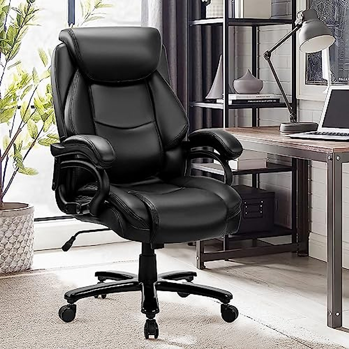 Big and Tall Office Chair 500lbs Large Heavy Duty High Back Executive Computer Office Desk Chair Height Adjustable Rocking Function Wide Thick Seat Ergonomic Desk Chair with Lumbar Back Support