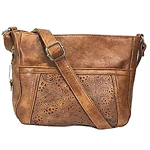 Zzfab Laser Cut Locking Small Concealed Carry Purse CCW Crossbody Bag with Credit Card Slots Brown