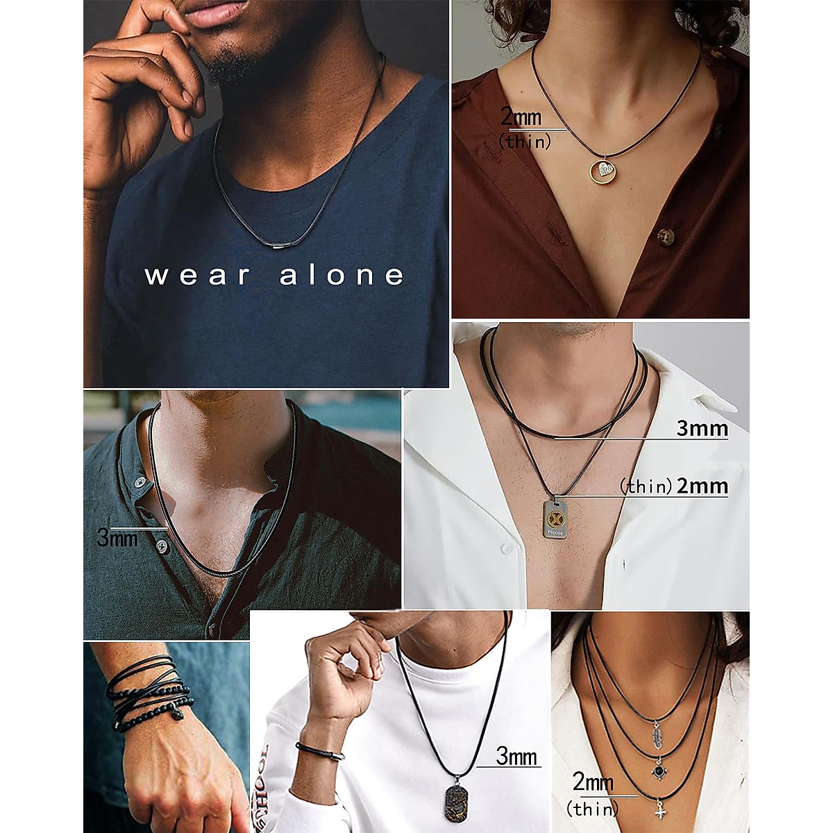 IOYYIO Durable Waterproof Leather Necklace Cord for Men, Leather Rope Necklace With Clasp, 3MM 32inch Braided Black Cord Chain for pendant