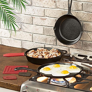 Pre-Seasoned Cast Iron Skillet Set of 3 | 6", 8" & 10" Cast Iron Frying Pans with 3 Heat-Resistant Holders & Oil Brush - Indoor and Outdoor Use - Oven Grill Stovetop Induction Safe Cookware