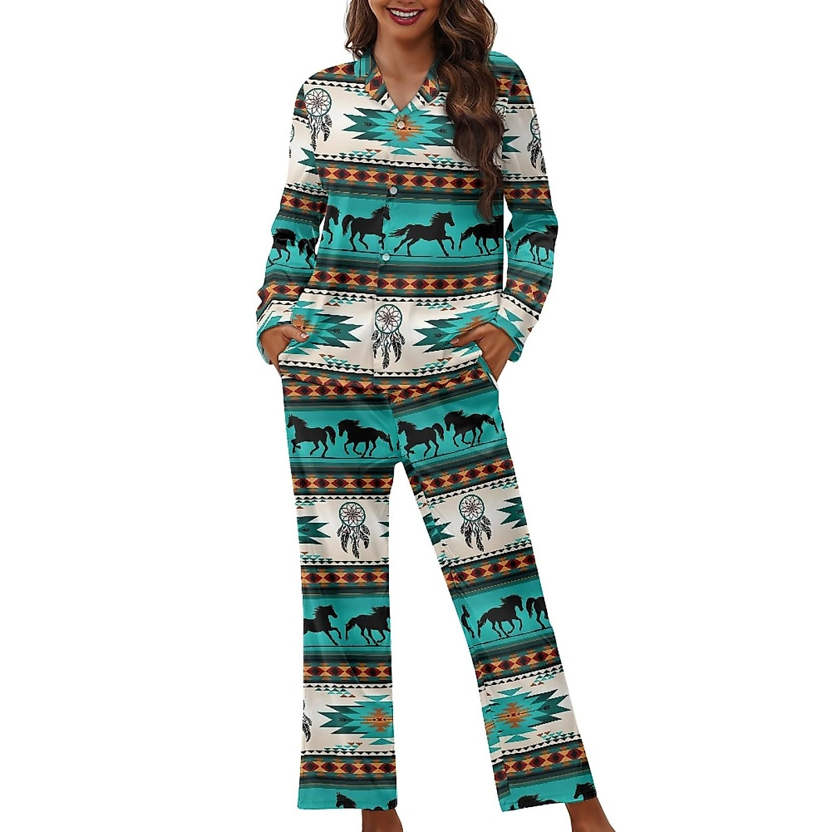 Boatee Women's 2 Piece Pajama Set Aztec Tribe Green Horse Button Down Shirt Pants Sleepwear Set, M