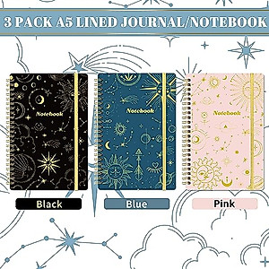 Tersus Spiral Notebook - 3 Pack A5 Lined Journal Notebook, Journals for Women, 6.3" x 8.3", 160 Pages, College Ruled Spiral Notebook with Back Pocket, Elastic Closure for Office, School & Home