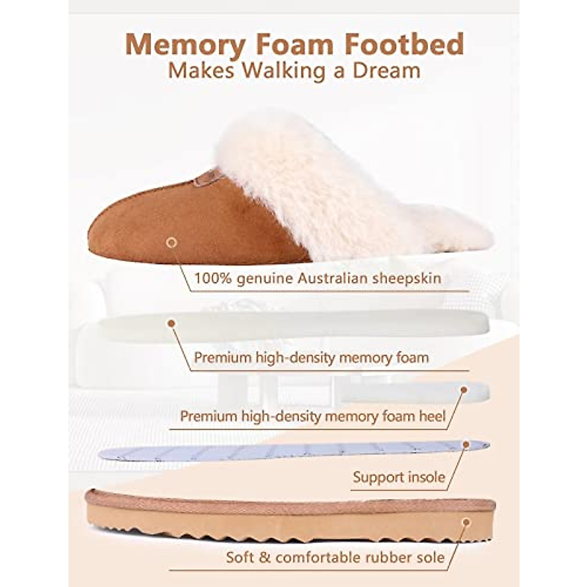 FUZZYFOAMS Genuine Australian Sheepskin Women Slippers Memory Foam Shearling Slipper Water Resistant Warm and Fluffy Indoor Outdoor House Shoes U822YMBT901.SY-Dark Chesnut-39