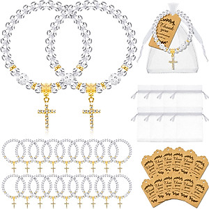 90 Pieces Baptism Favors Set Include 30 Pieces Crystal Bracelets with Crucifix Rosary 30 Pieces Thank You Tags 30 Pieces Organza Bags for Baby Shower Baptism Supplies First Communion Party Favor