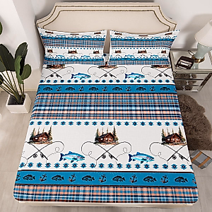 jejeloiu Fish Sheets with Deep Pocket Fitted Sheet Fish Hook Fishing Theme Sheet Set for Boys Girls Children Sea Animal Buffalo Check Blue Bed Sheets Set Room Decor Full Size with 2 Pillow Case