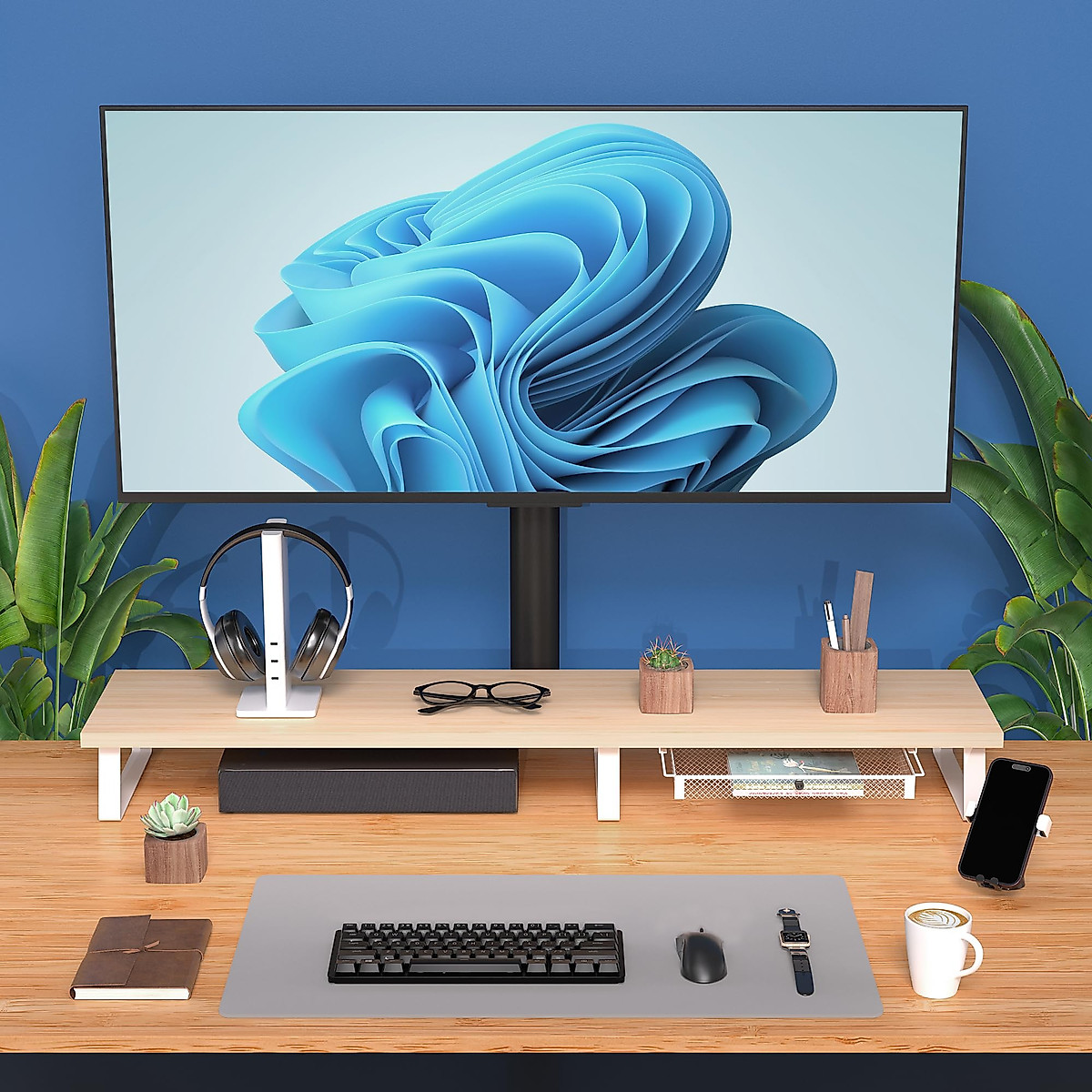 Large Dual Monitor Stand Riser - Monitor Stand for 2 Monitors, Wooden Computer Stand For Desk with Metal Legs, Desk Organizers and Storage With Drawer, Desk Shelf for Computer/Laptop/Printer/TV, Oak