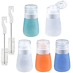 Webake 2oz Salad Dressing Container to Go, 5 Pack Condiment Squeeze Bottles Silicone Sauce Bottles with 2pcs Cleaning Brush, Leak Proof Mini Travel Containers