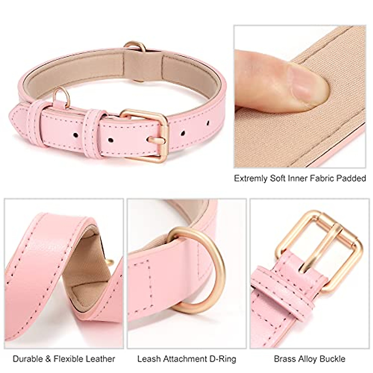 WHIPPY Leather Dog Collar for Small Medium Large Dog Adjustable Soft Breathable Leather Padded Puppy Collar with Alloy Buckle Heavy Duty Waterproof Classic Dog Pet Collar,Pink,M