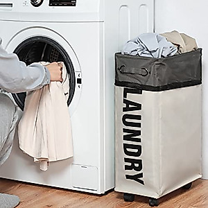 DOKEHOM 25-Inches Slim Laundry Basket on Wheels, Collapsible Rolling Laundry Hamper, Foldable Narrow Corner Clothes Storage Bins (Beige)