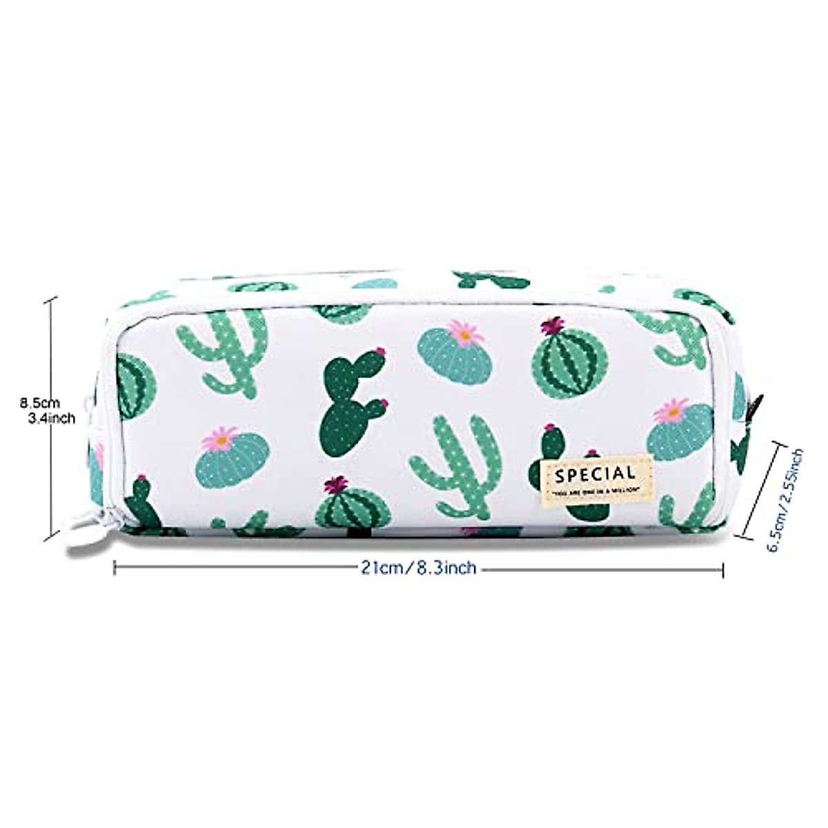 MAMUNU Big Capacity Pencil Pen Case, 3 Compartments Large Storage Canvas Pencil Pouch with Zipper, Green Cactus Design Aesthetic Pencil Pouch For Office School