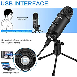 Drelan USB Microphone, Condenser Desktop Computer Mic 192KHZ/24BIT Plug & Play with Professional Sound Chipset, for PC Voice Recording,Podcasting,Skype,YouTube,Games,Google Voice Search (V-1)