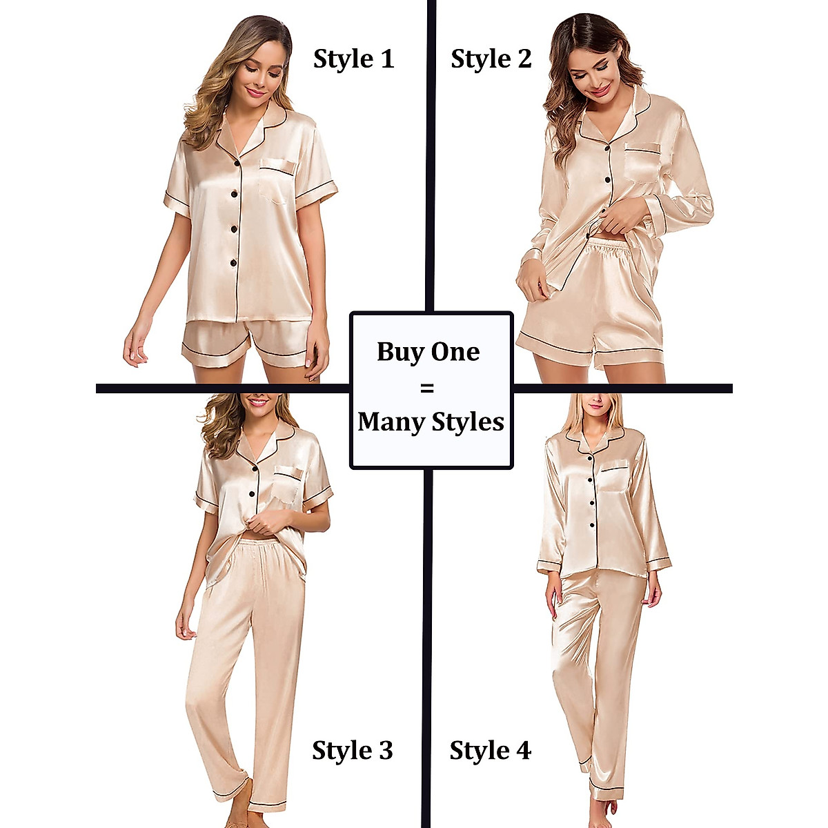 SWOMOG Women 4Pcs Silk Pajamas Set Button Down Sleepwear Loungewear Pj Sets for Ladies Nightwear Champagne Large