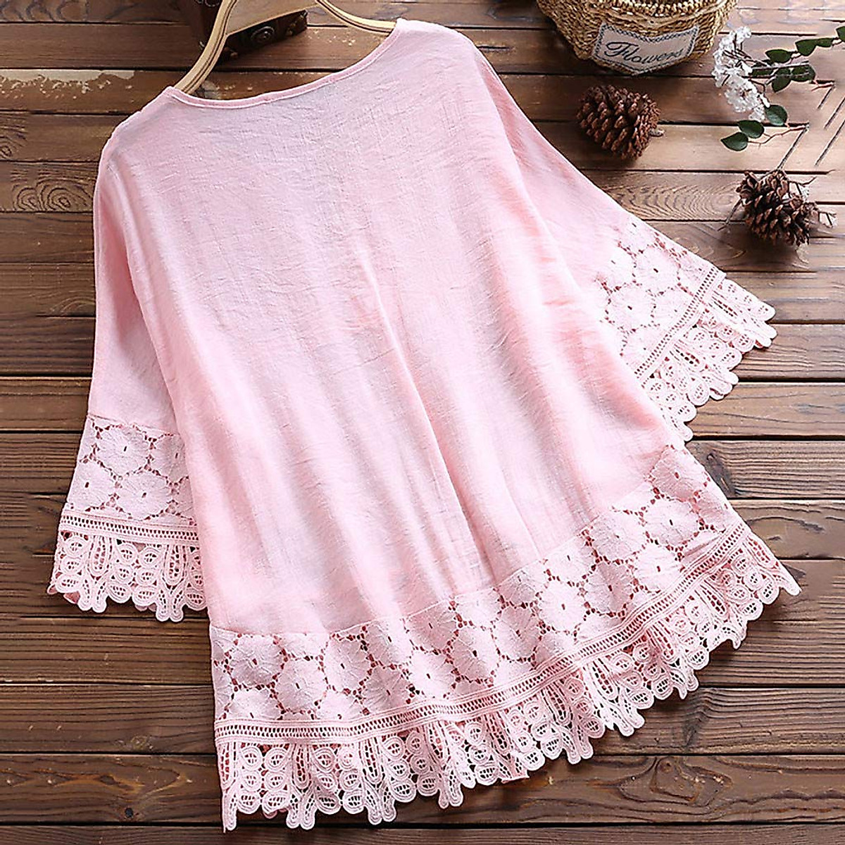 Aniywn Women Round Neck Lace Up Lace Patchwork Flare Pullover Top Casual Plus Size 3/4 Sleeve Floral Printed T-Shirt Pink