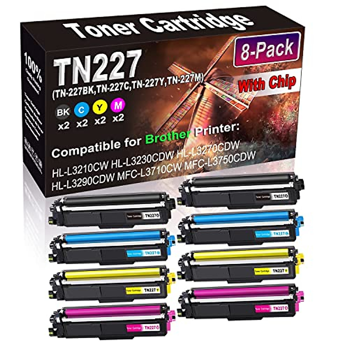 Kolasels (with Chip) 8-Pack (2BK+2C+2Y+2M) Compatible TN-227 TN227 (TN-227BK+TN-227C+TN-227Y+TN-227M) Toner Cartridge (High Yield) to Used for HL-L3210CW HL-L3230CDW Printer