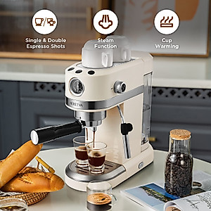 Neretva 20 Bar Espresso Coffee Machine with Steam Wand for Latte Espresso and Cappuccino, Compact Espresso Maker For Home Barista, 1350W Premium Italian High Pressure - Beige